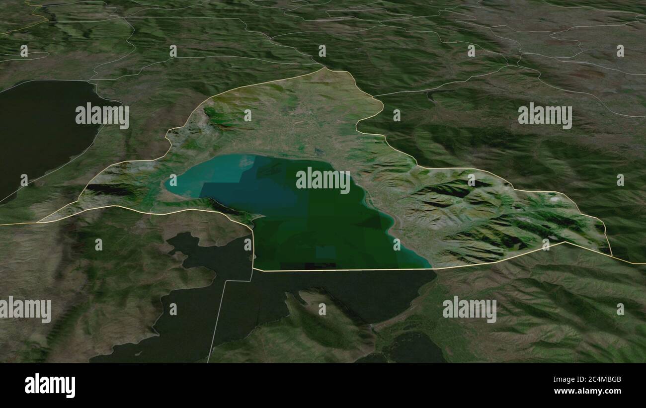 Zoom in on Resen (municipality of Macedonia) outlined. Oblique ...