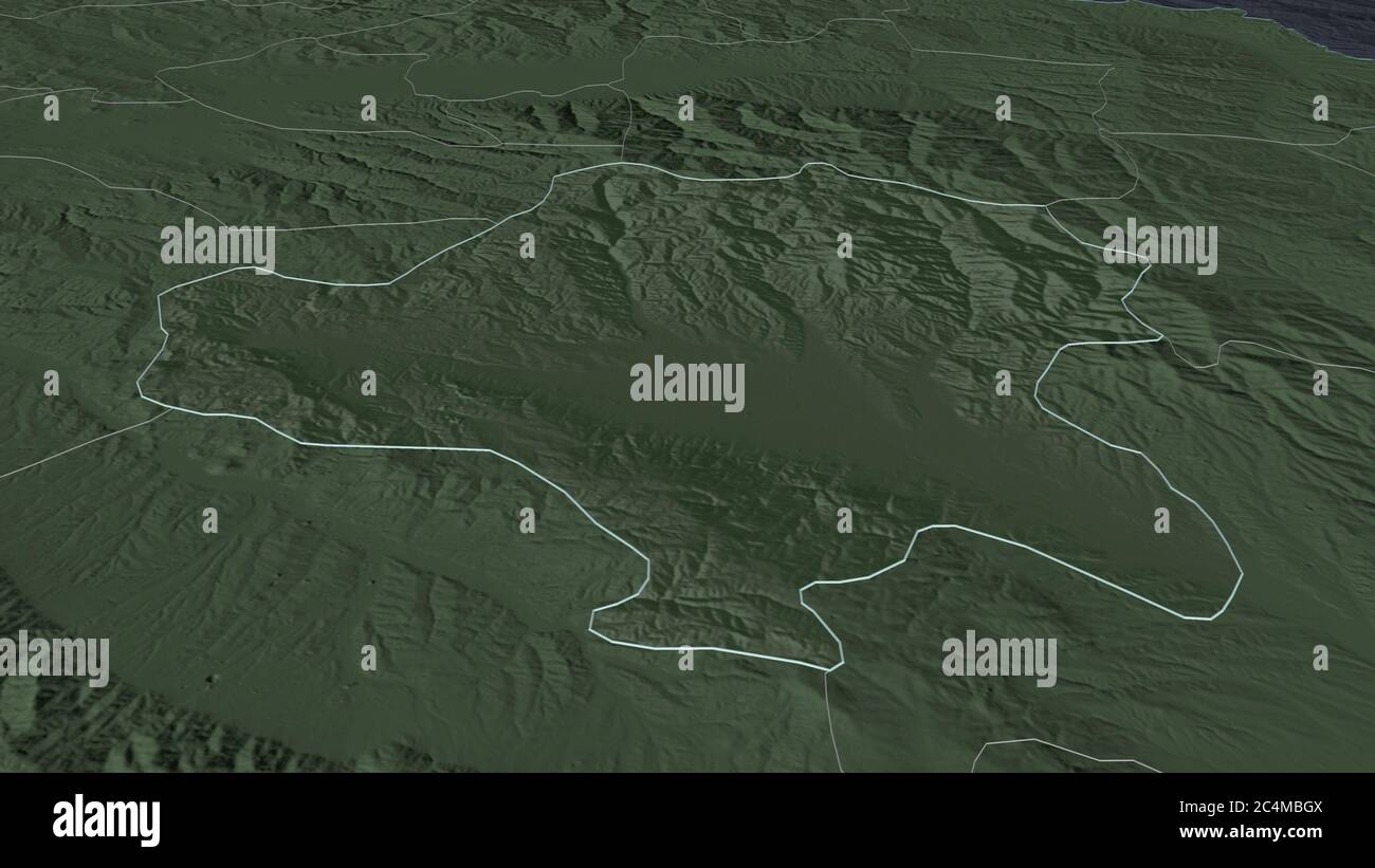 Zoom in on Radoviš (municipality of Macedonia) outlined. Oblique ...