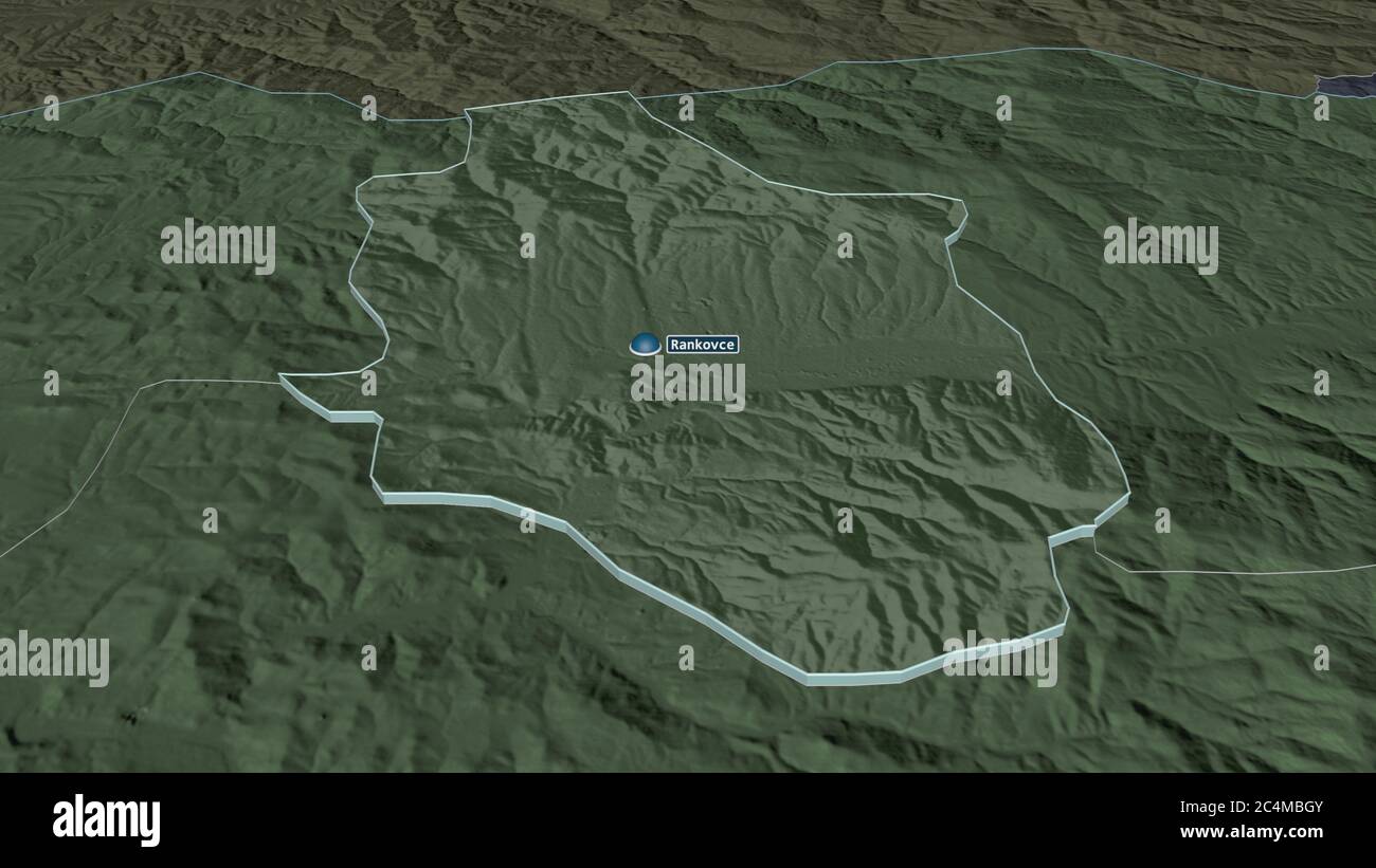 Zoom in on Rankovce (municipality of Macedonia) extruded. Oblique ...