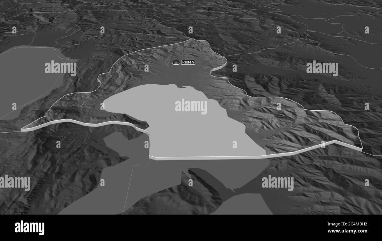 Zoom in on Resen (municipality of Macedonia) extruded. Oblique ...