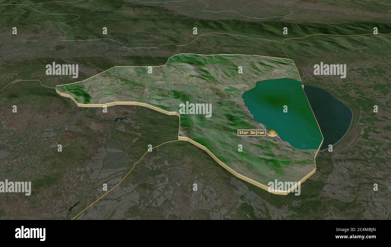 Zoom in on Star Dojran (municipality of Macedonia) extruded. Oblique ...