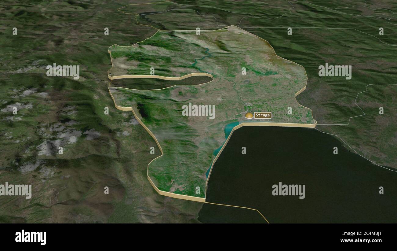 Zoom in on Struga (municipality of Macedonia) extruded. Oblique ...
