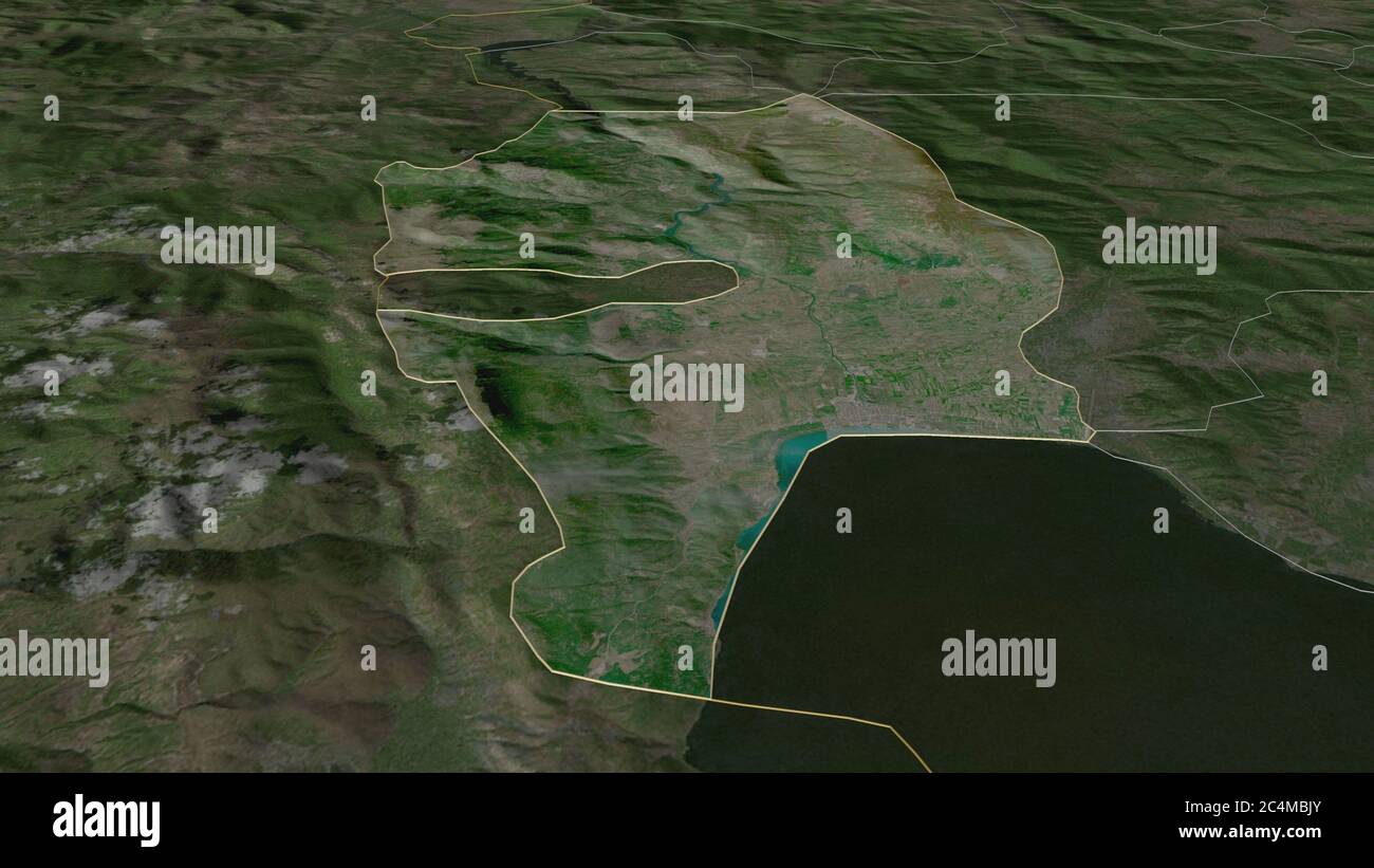 Zoom in on Struga (municipality of Macedonia) outlined. Oblique ...
