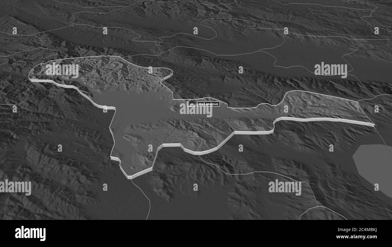 Zoom in on Valandovo (municipality of Macedonia) extruded. Oblique ...
