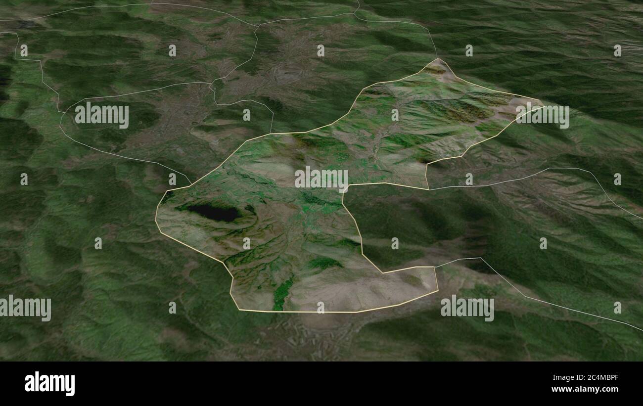 Zoom in on Vraneštica (municipality of Macedonia) outlined. Oblique ...