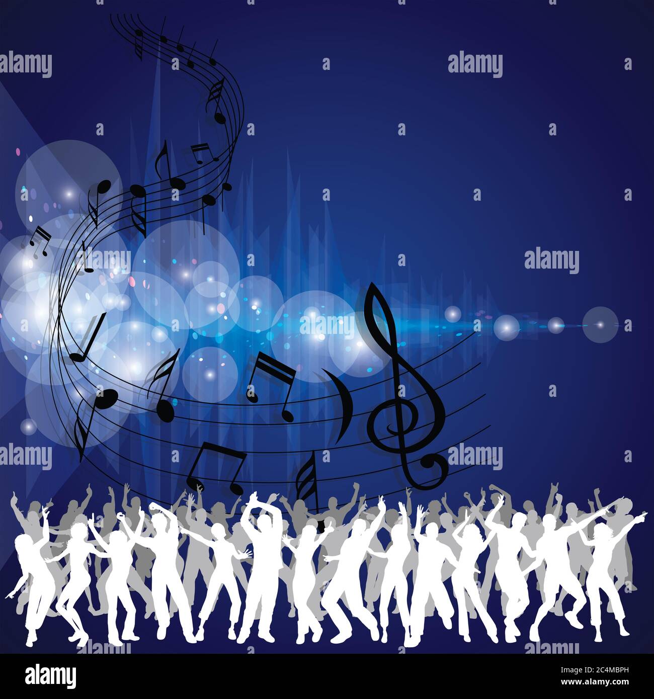 People dancing at an event on blue light show background with copy ...