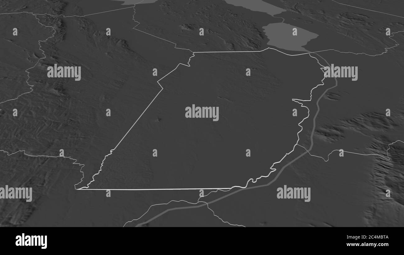 Zoom in on Balaka (district of Malawi) outlined. Oblique perspective ...