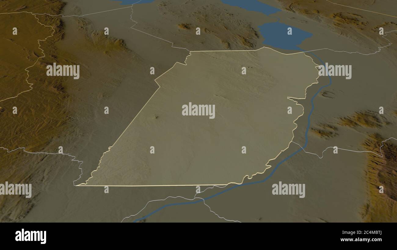 Zoom in on Balaka (district of Malawi) outlined. Oblique perspective ...