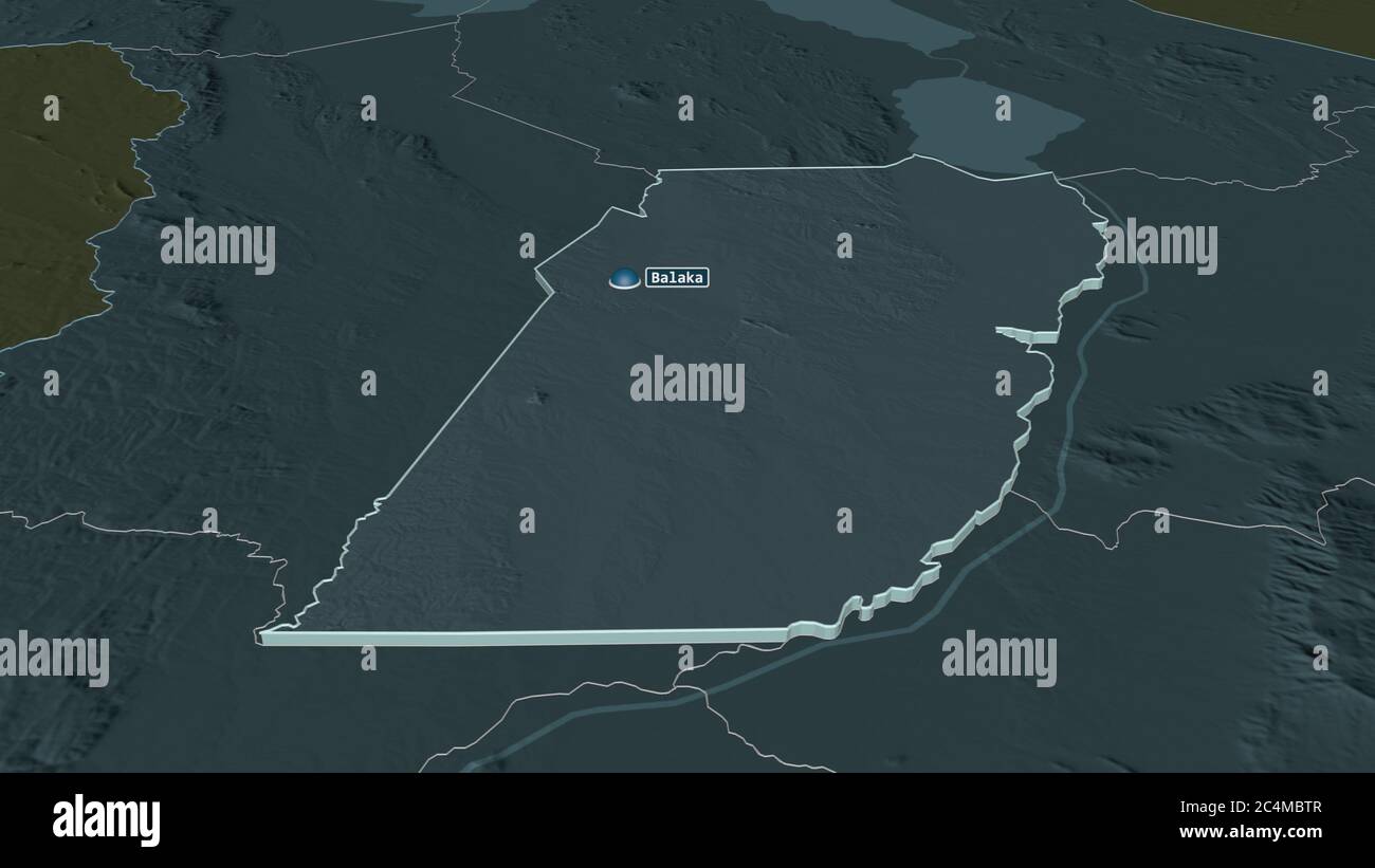 Zoom in on Balaka (district of Malawi) extruded. Oblique perspective ...