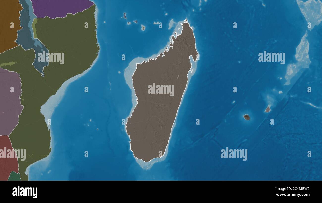 Outlined shape of the Madagascar area. Colored and bumped map of the ...