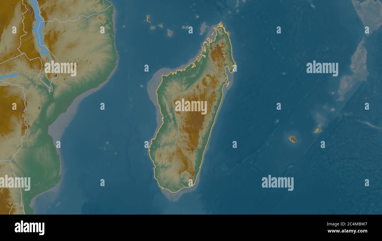 Outlined shape of the Madagascar area. Topographic relief map with ...