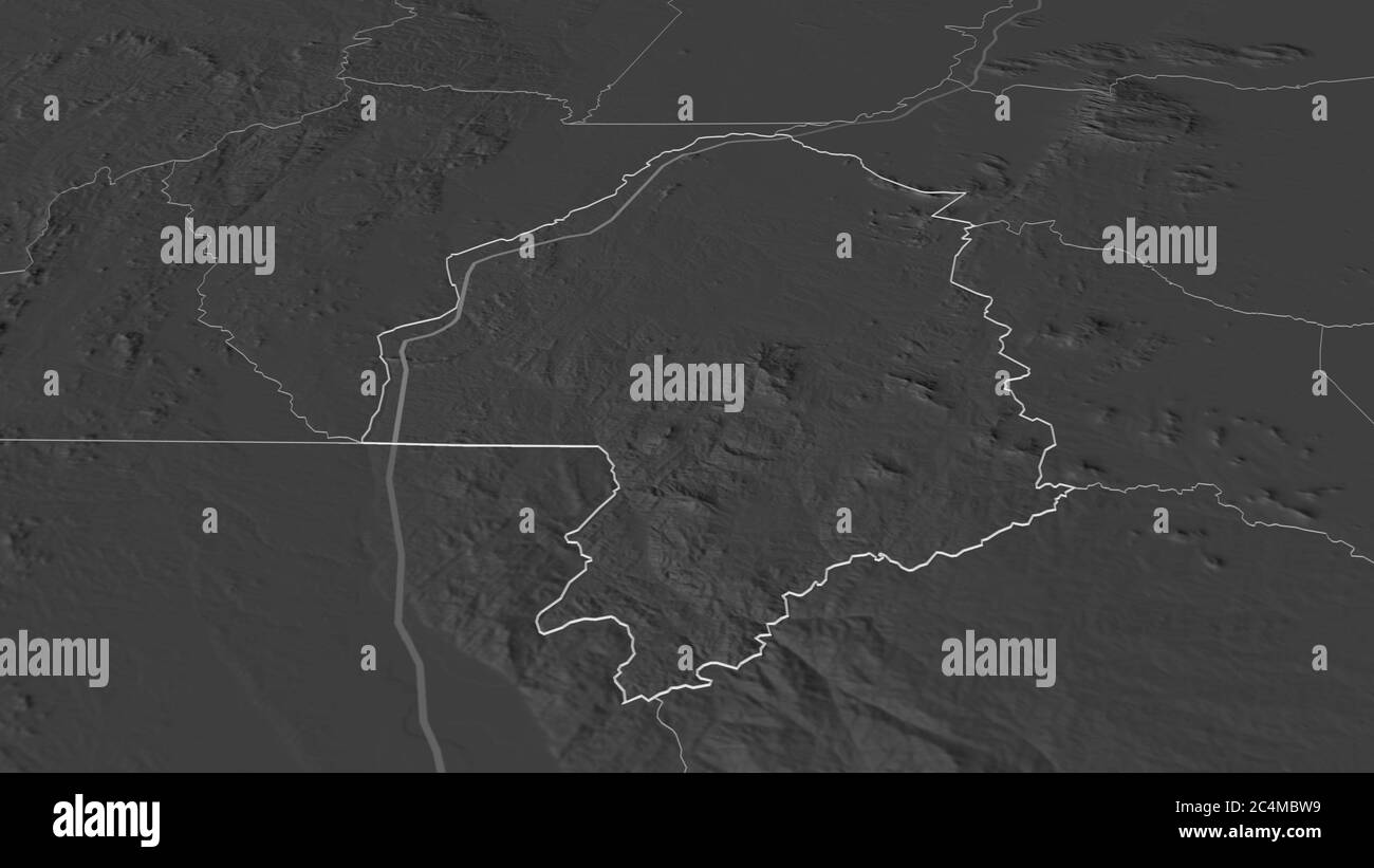 Zoom in on Blantyre (district of Malawi) outlined. Oblique perspective ...