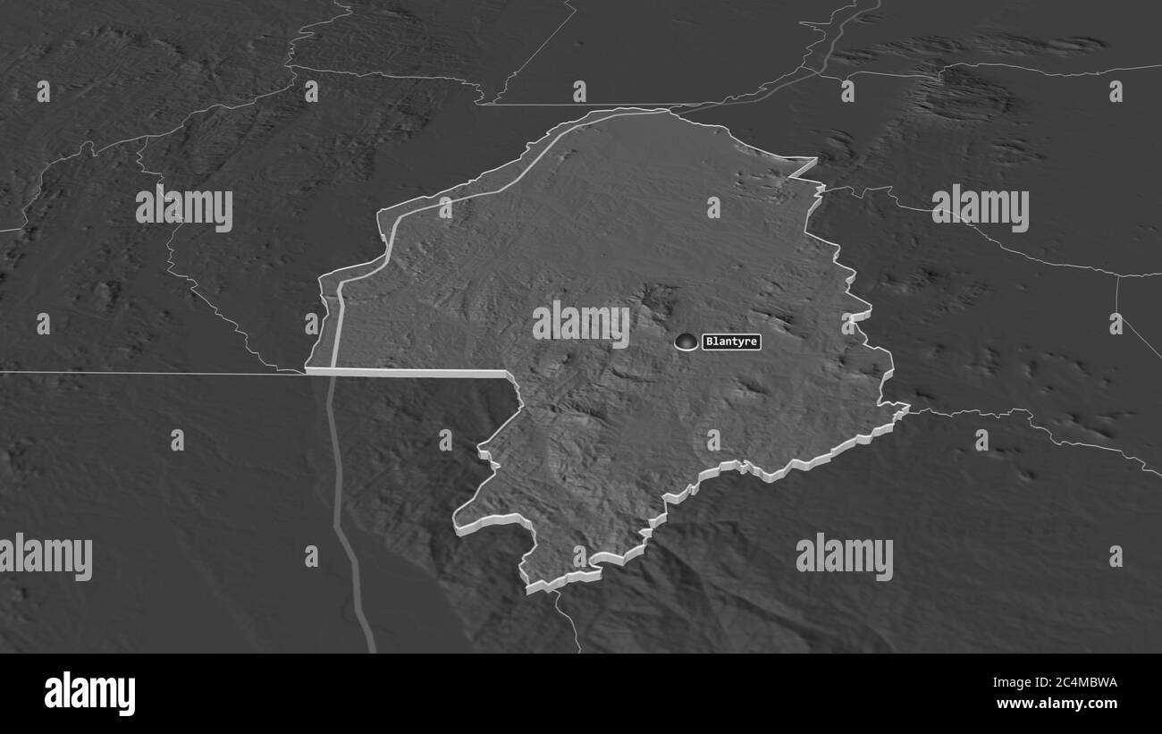 Zoom in on Blantyre (district of Malawi) extruded. Oblique perspective ...