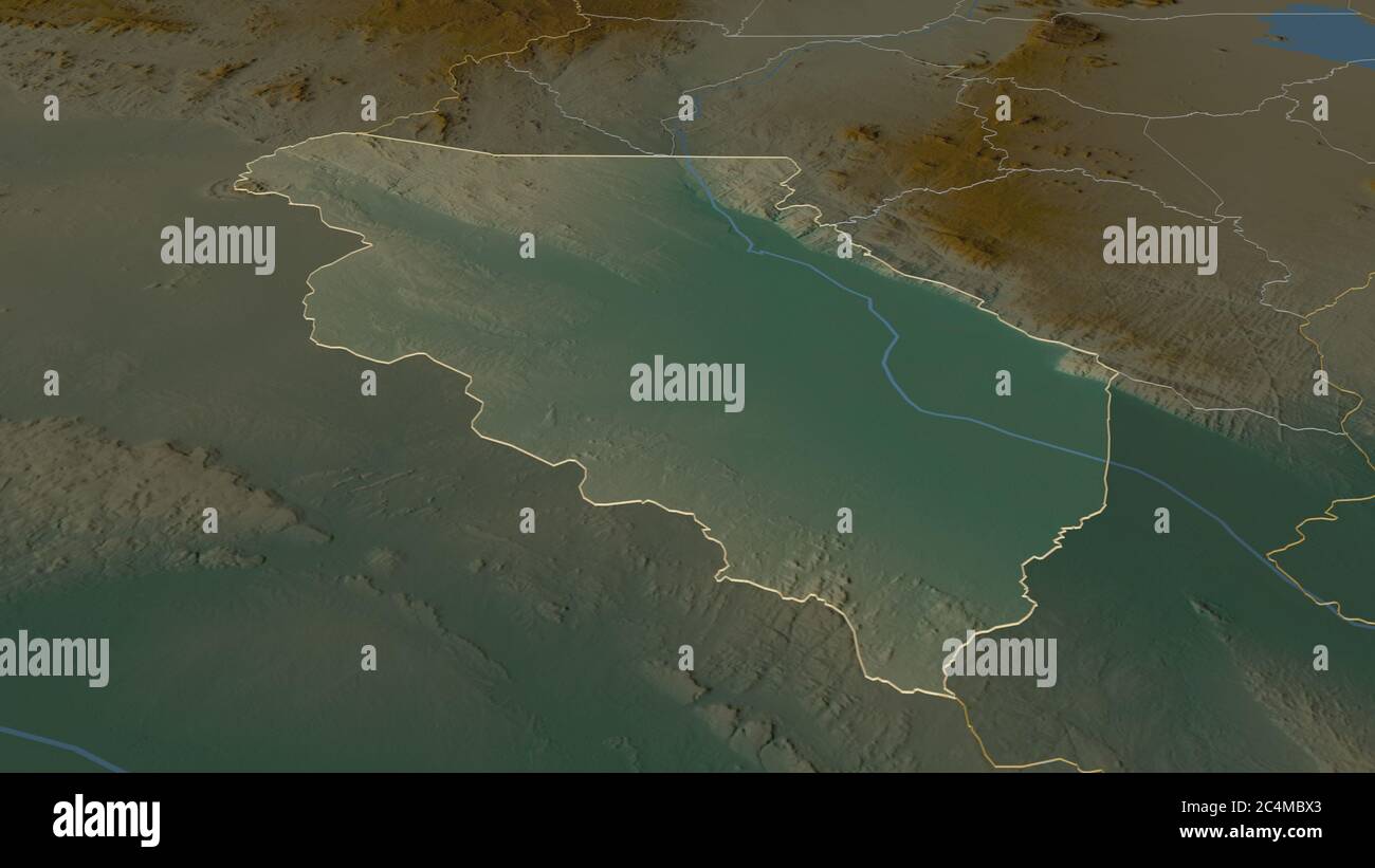 Zoom in on Chikwawa (district of Malawi) outlined. Oblique perspective ...