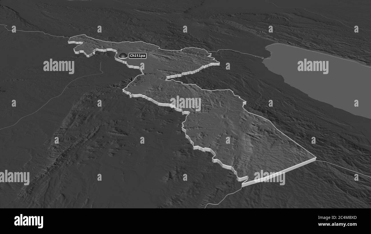 Zoom in on Chitipa (district of Malawi) extruded. Oblique perspective ...