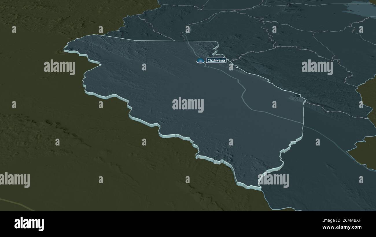 Zoom in on Chikwawa (district of Malawi) extruded. Oblique perspective ...