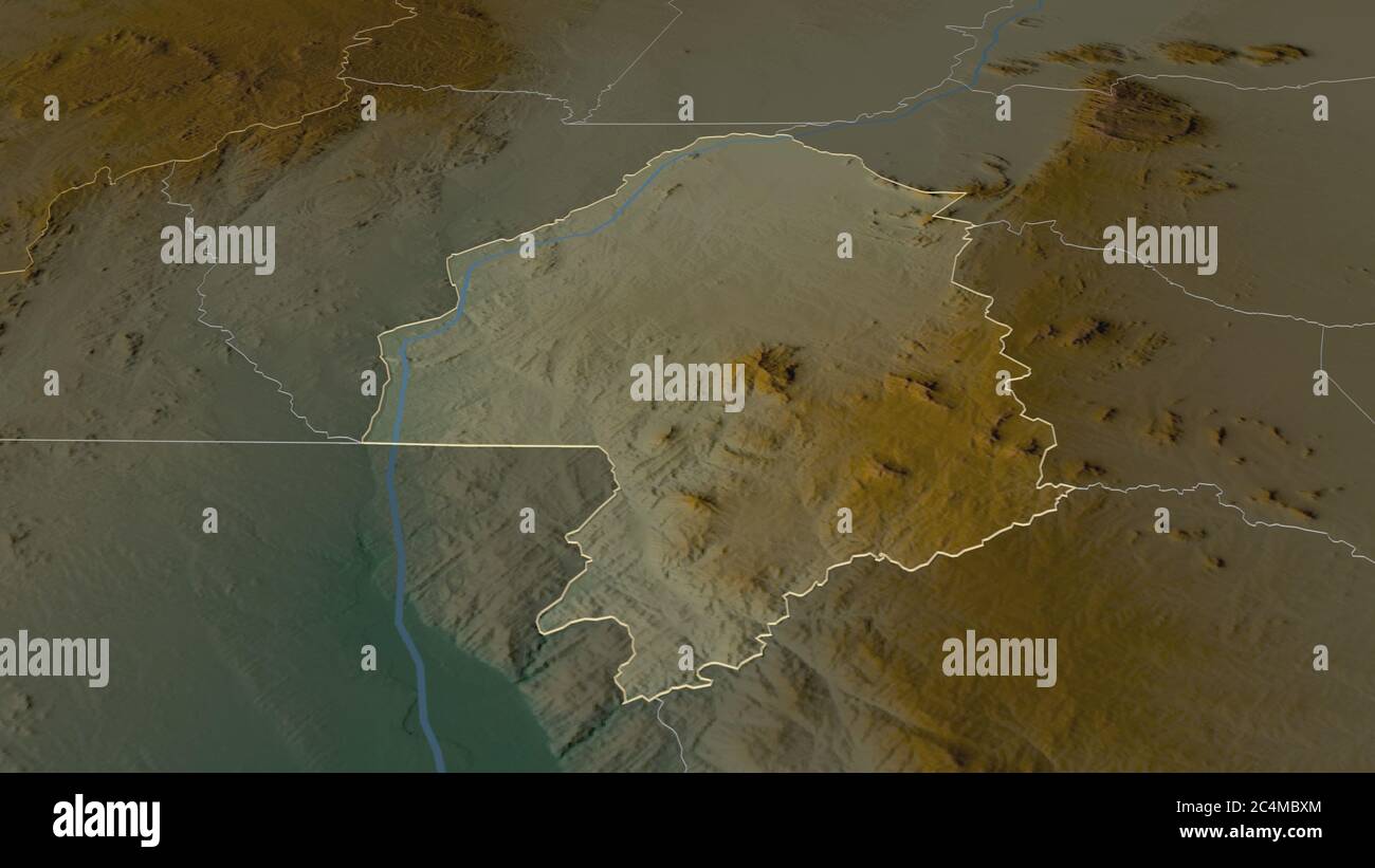 Zoom in on Blantyre (district of Malawi) outlined. Oblique perspective ...