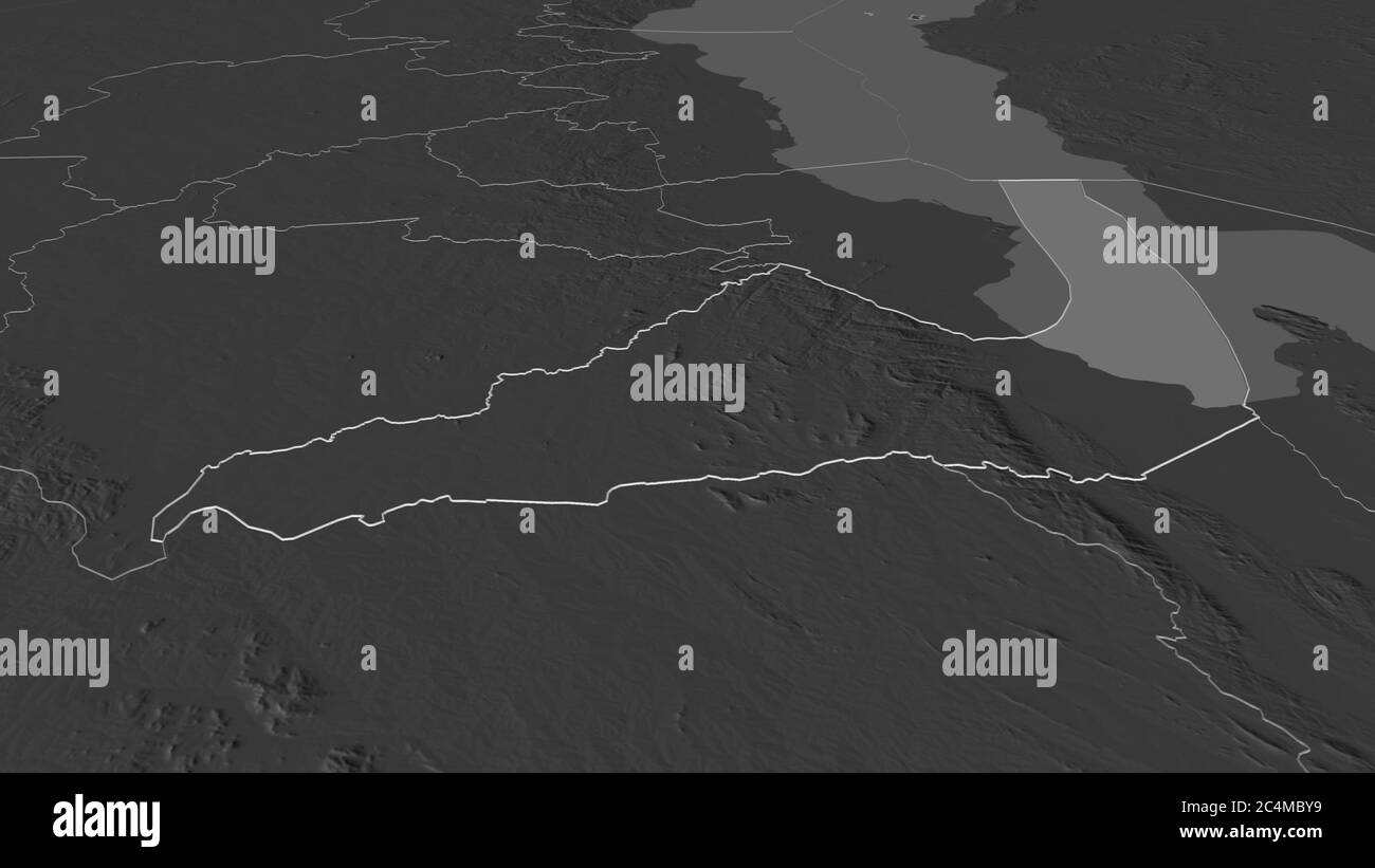Zoom in on Dedza (district of Malawi) outlined. Oblique perspective ...