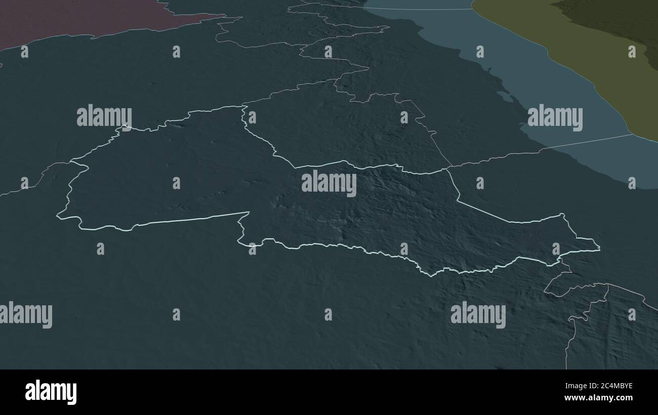 Zoom in on Dowa (district of Malawi) outlined. Oblique perspective ...