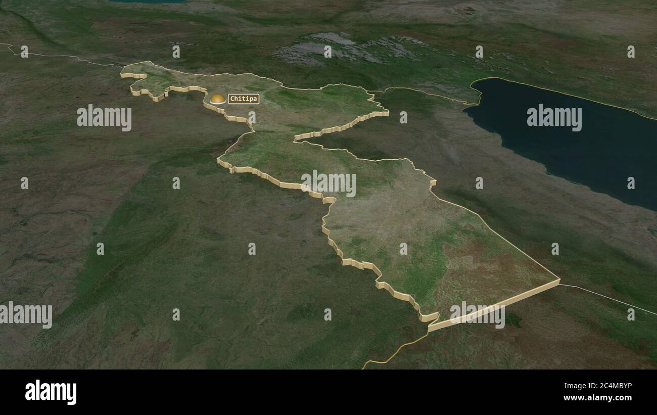Zoom in on Chitipa (district of Malawi) extruded. Oblique perspective ...