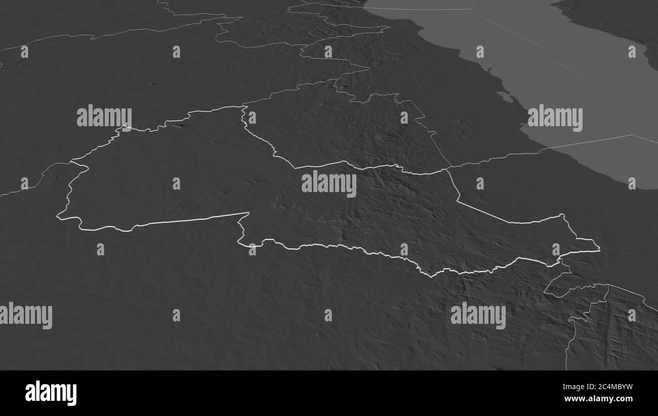 Zoom in on Dowa (district of Malawi) outlined. Oblique perspective ...