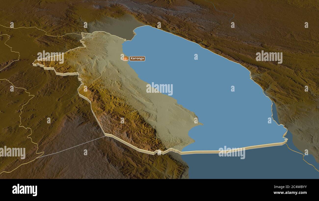 Zoom in on Karonga (district of Malawi) extruded. Oblique perspective ...