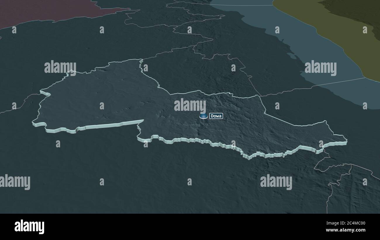 Zoom in on Dowa (district of Malawi) extruded. Oblique perspective ...