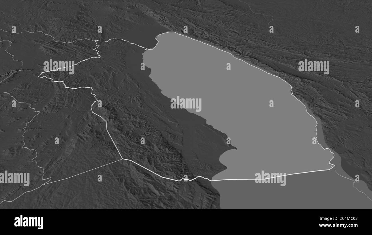 Zoom in on Karonga (district of Malawi) outlined. Oblique perspective ...