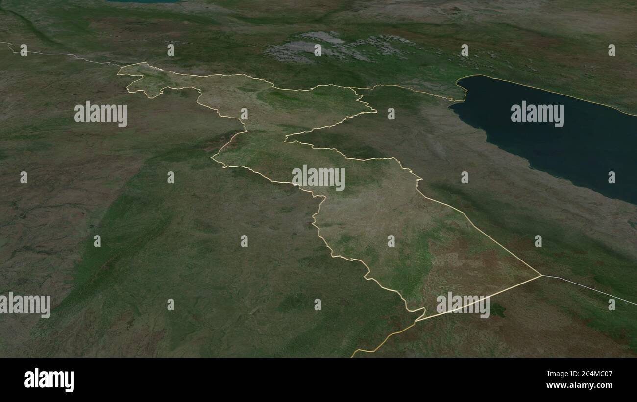 Zoom in on Chitipa (district of Malawi) outlined. Oblique perspective ...