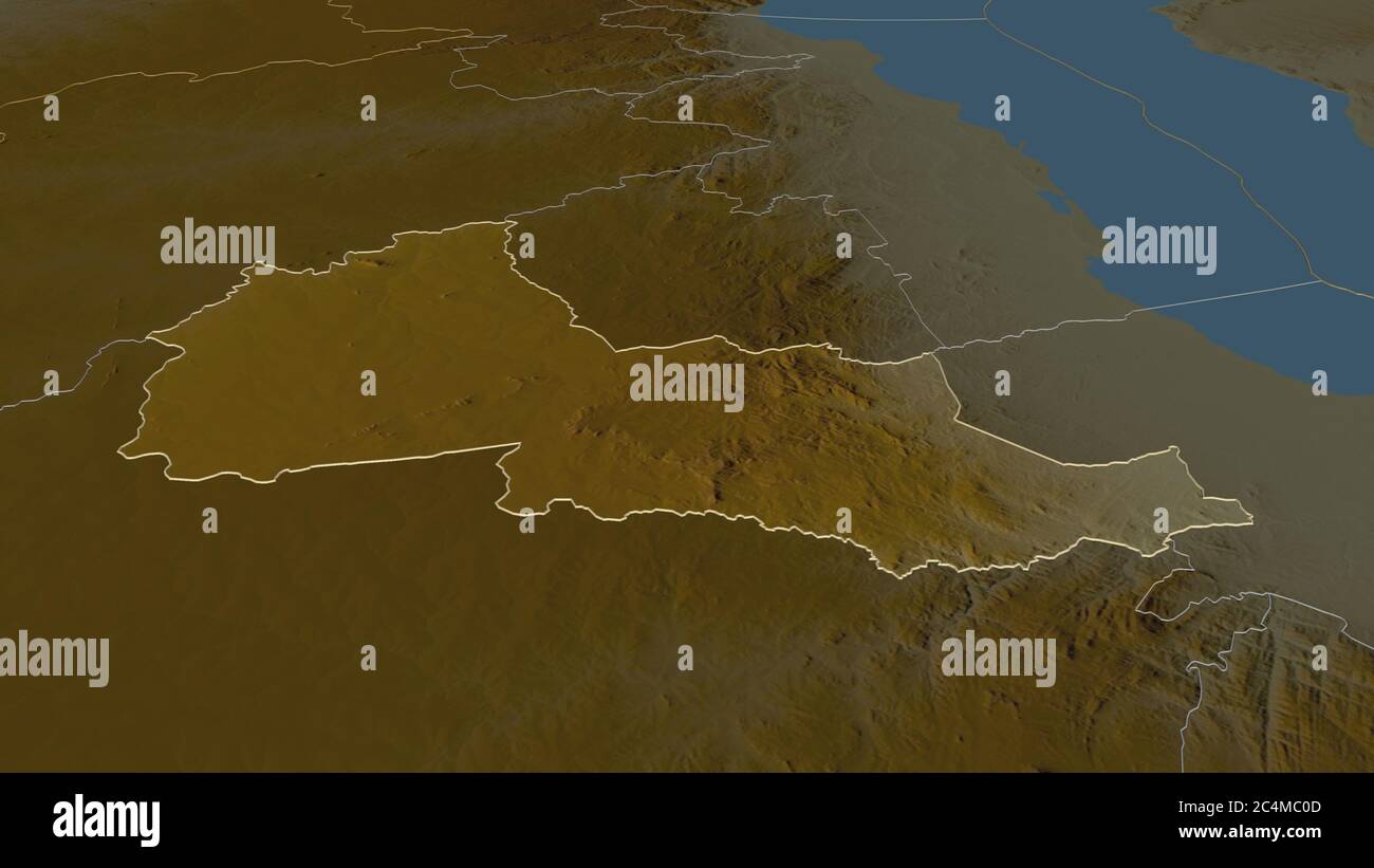 Zoom in on Dowa (district of Malawi) outlined. Oblique perspective ...