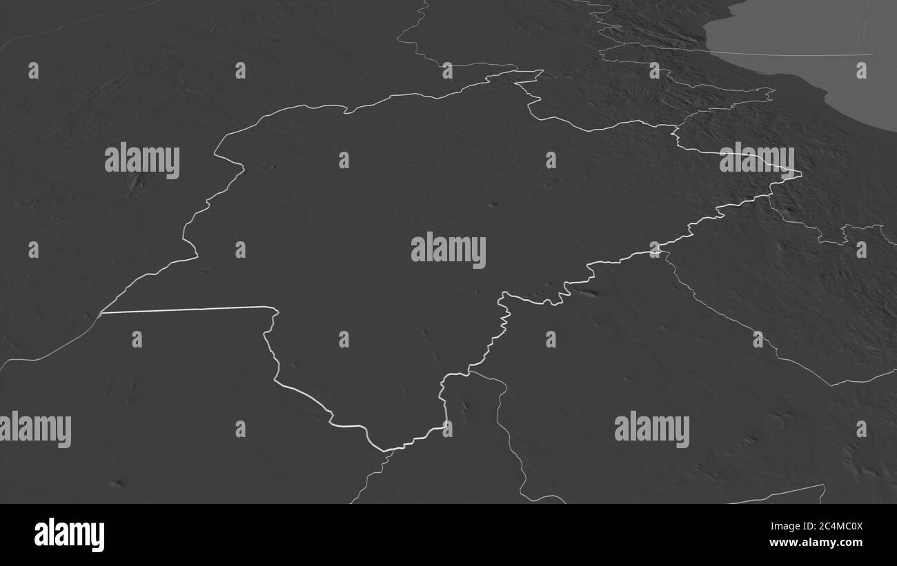 Zoom in on Kasungu (district of Malawi) outlined. Oblique perspective ...