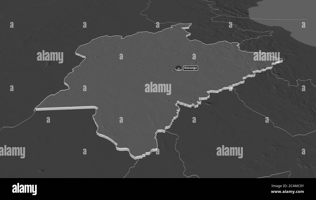 Zoom in on Kasungu (district of Malawi) extruded. Oblique perspective ...