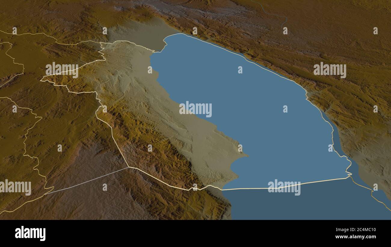Zoom in on Karonga (district of Malawi) outlined. Oblique perspective ...
