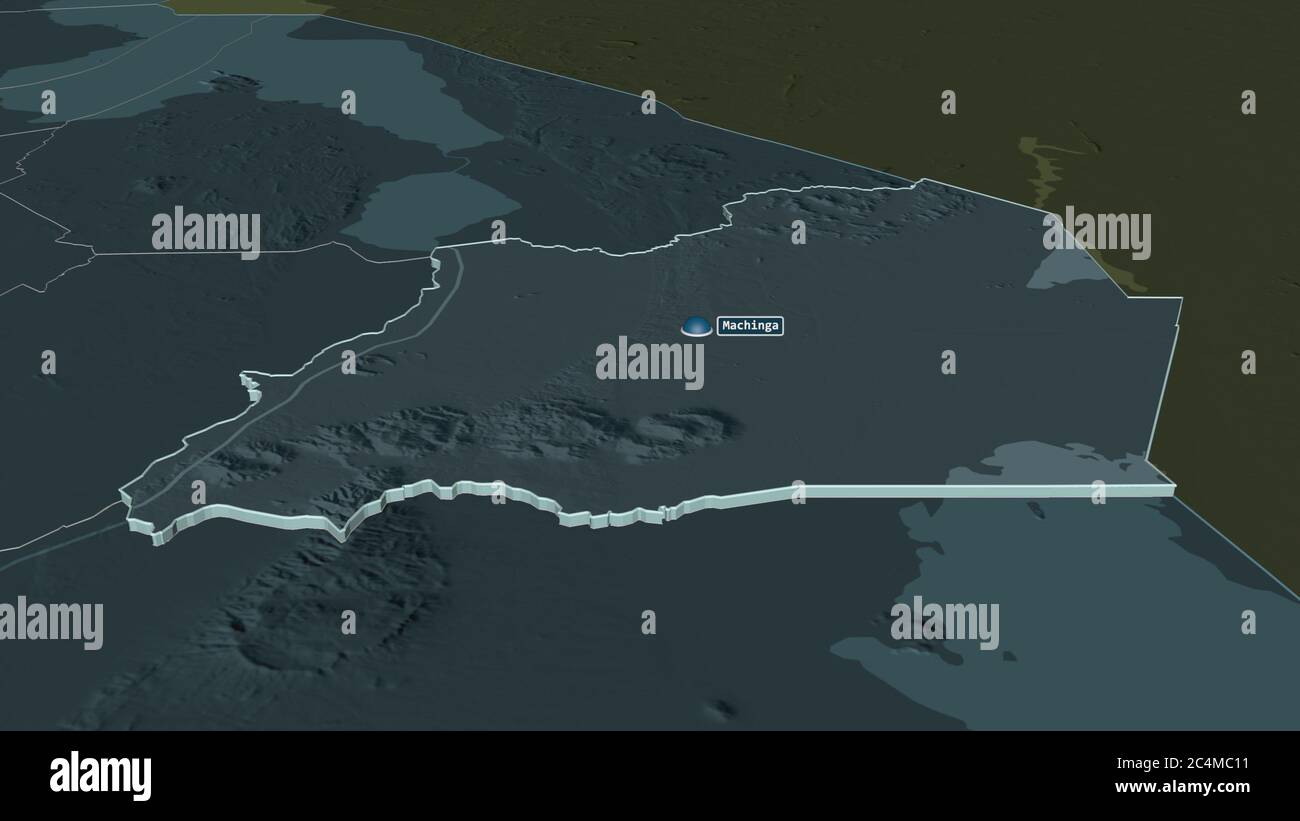 Zoom in on Machinga (district of Malawi) extruded. Oblique perspective ...