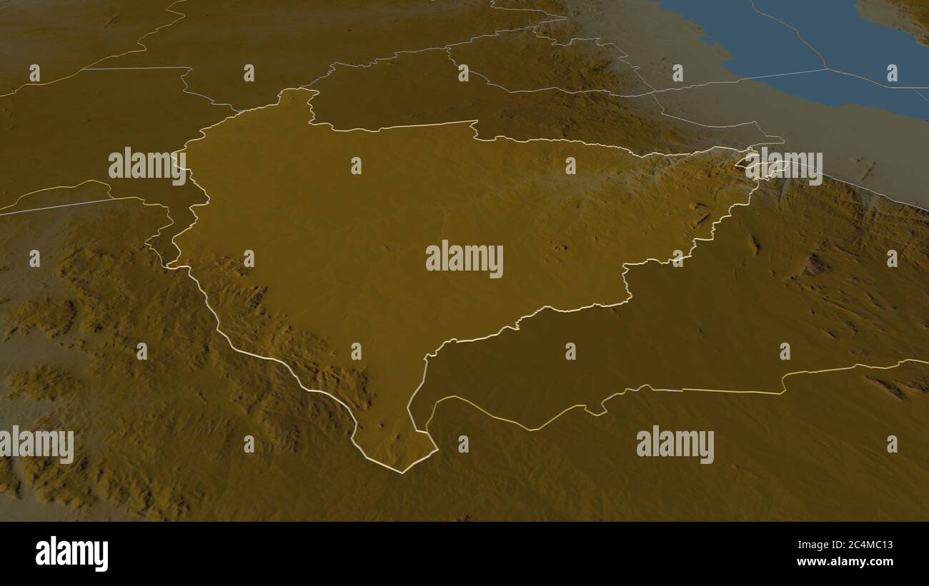 Zoom in on Lilongwe (district of Malawi) outlined. Oblique perspective ...