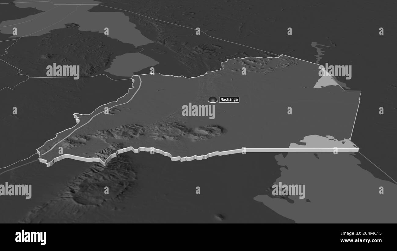 Zoom in on Machinga (district of Malawi) extruded. Oblique perspective ...
