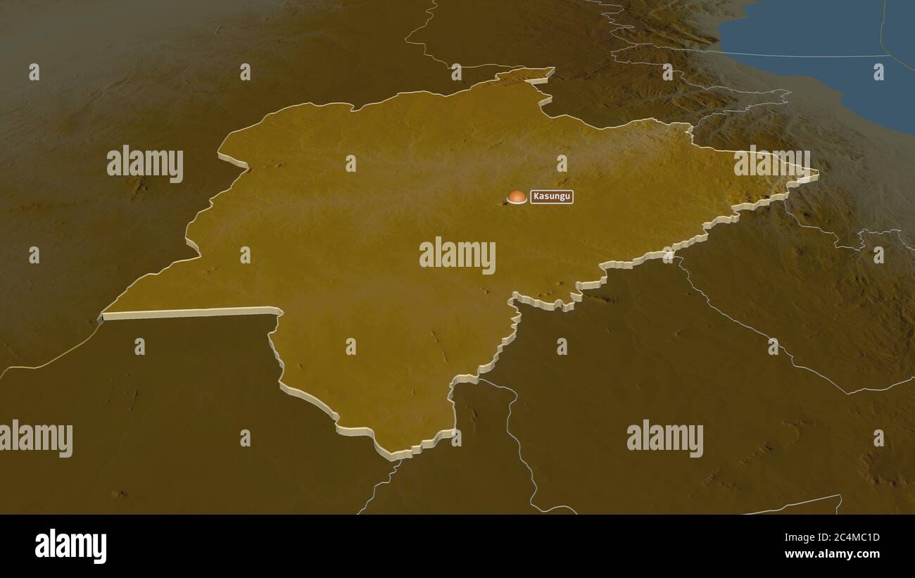 Zoom in on Kasungu (district of Malawi) extruded. Oblique perspective ...