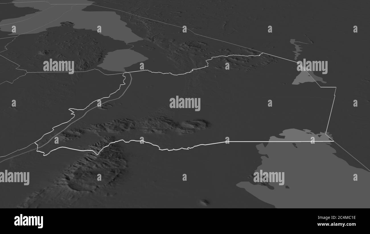 Zoom in on Machinga (district of Malawi) outlined. Oblique perspective ...