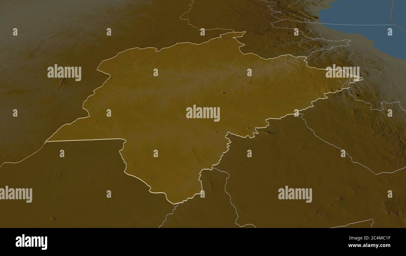 Zoom in on Kasungu (district of Malawi) outlined. Oblique perspective ...