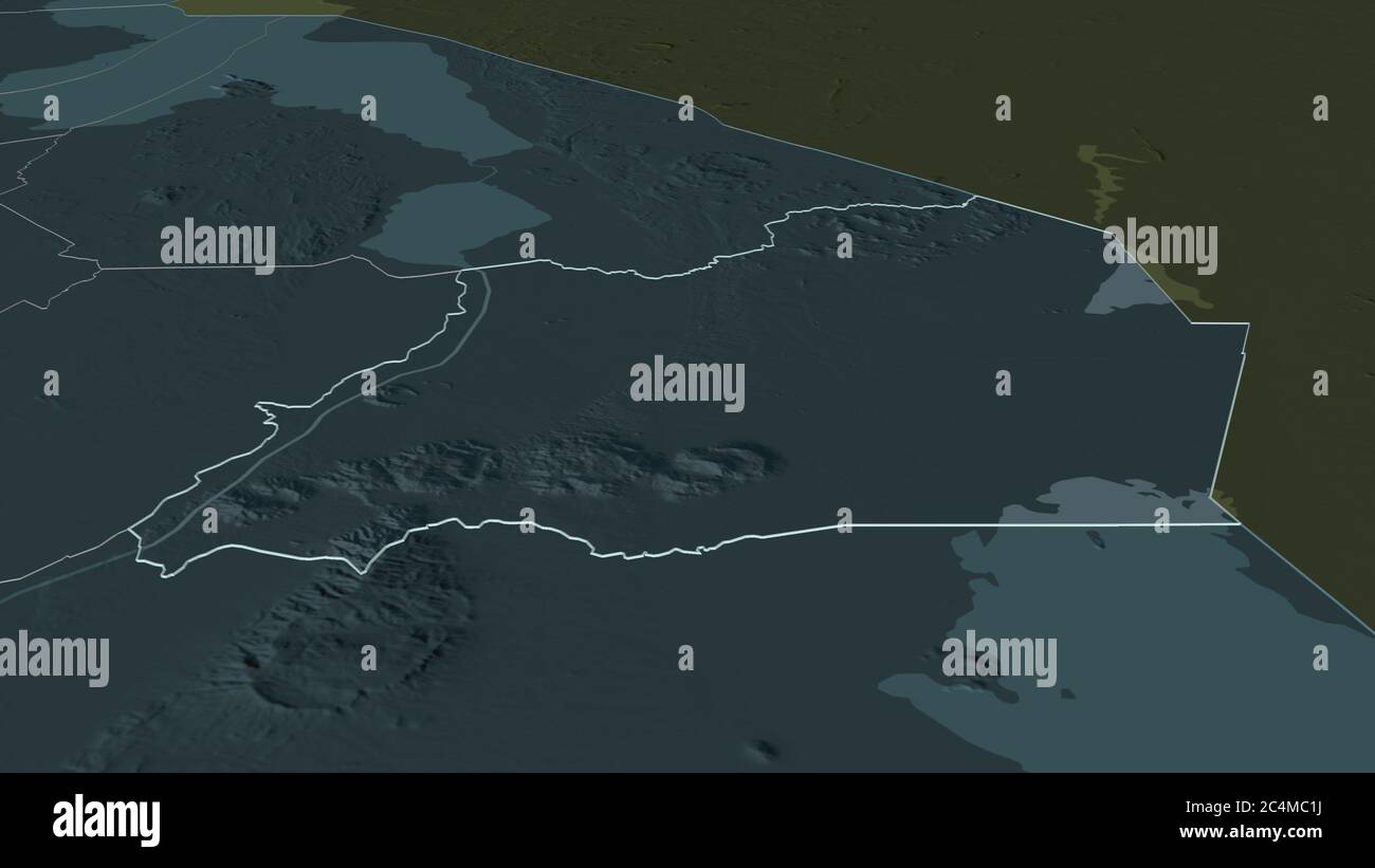 Zoom in on Machinga (district of Malawi) outlined. Oblique perspective ...