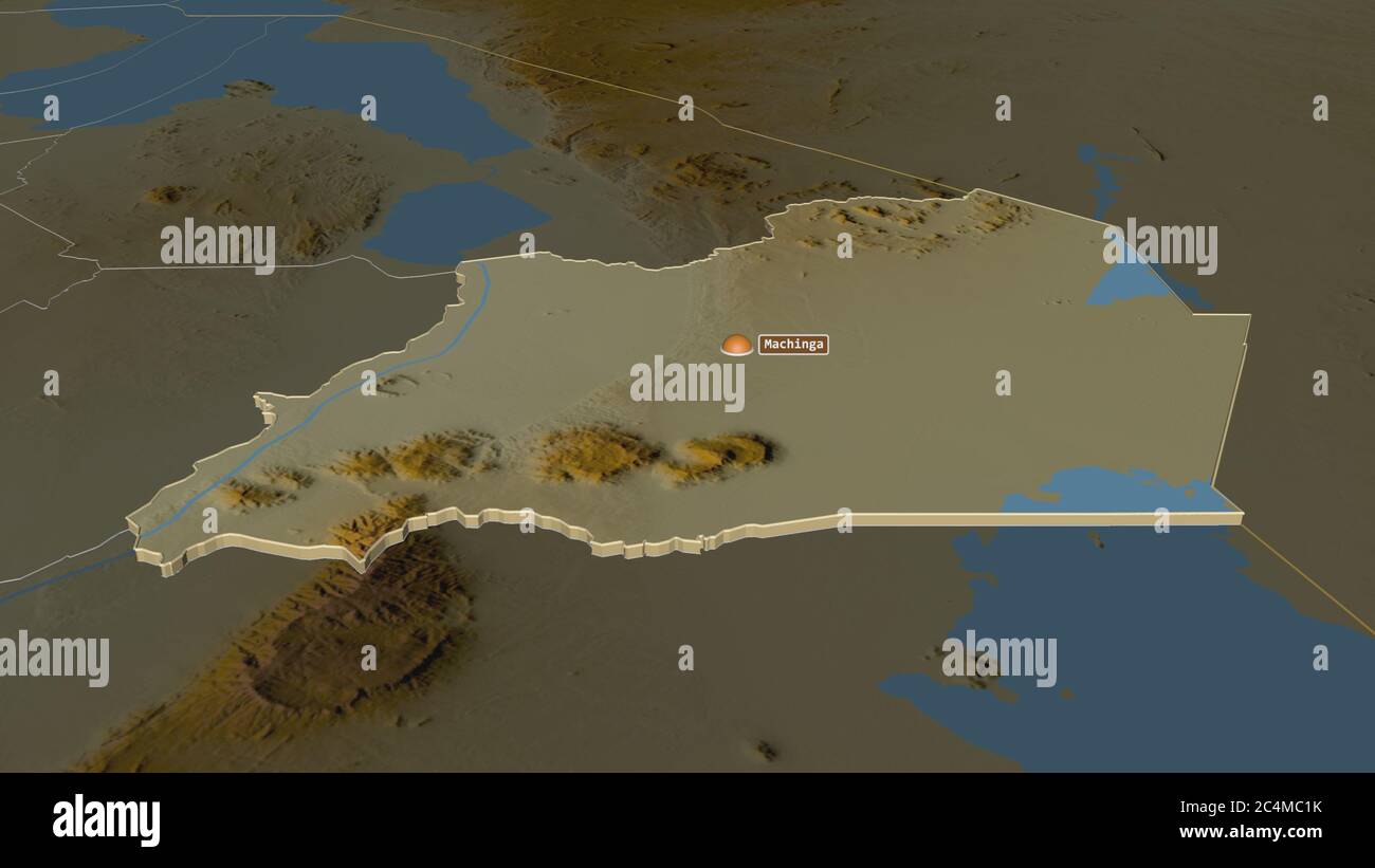Zoom in on Machinga (district of Malawi) extruded. Oblique perspective ...
