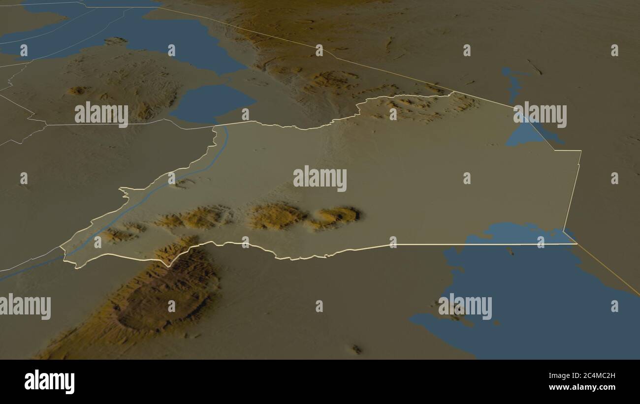 Zoom in on Machinga (district of Malawi) outlined. Oblique perspective ...
