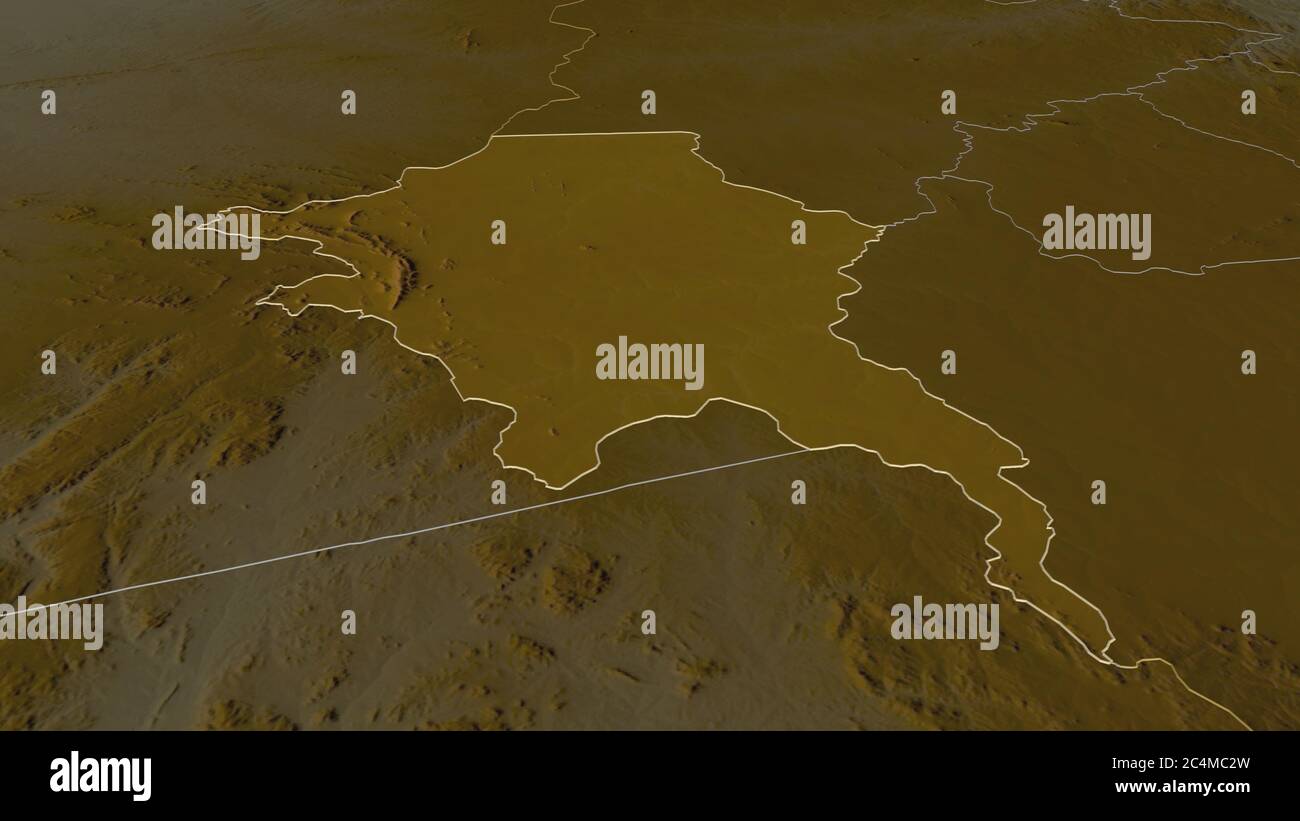 Zoom in on Mchinji (district of Malawi) outlined. Oblique perspective ...