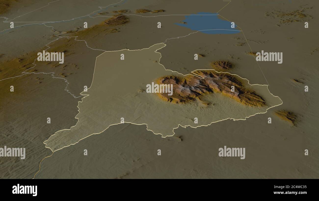 Zoom in on Mulanje (district of Malawi) outlined. Oblique perspective ...