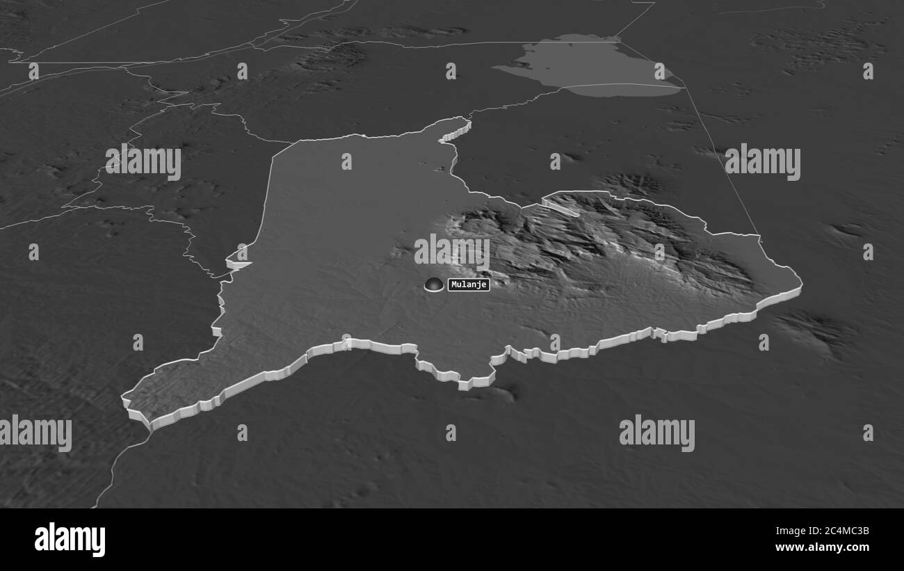 Zoom in on Mulanje (district of Malawi) extruded. Oblique perspective ...
