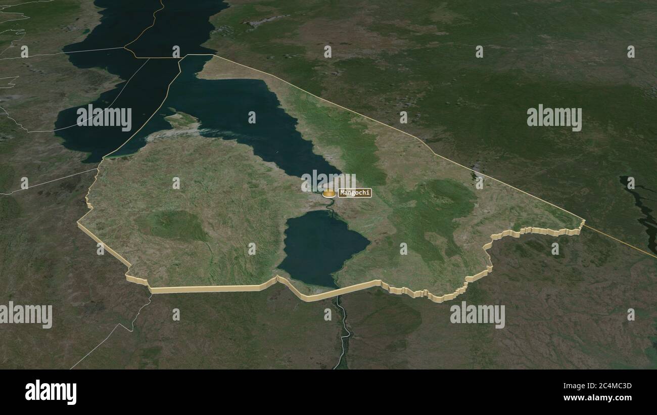 Zoom in on Mangochi (district of Malawi) extruded. Oblique perspective ...