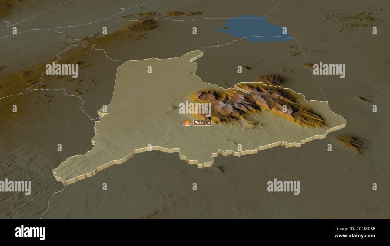 Zoom in on Mulanje (district of Malawi) extruded. Oblique perspective ...