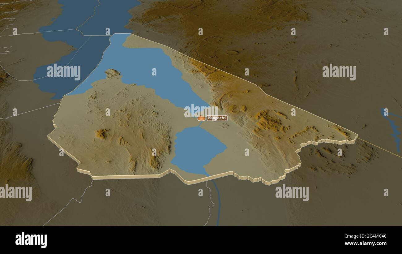 Zoom in on Mangochi (district of Malawi) extruded. Oblique perspective ...