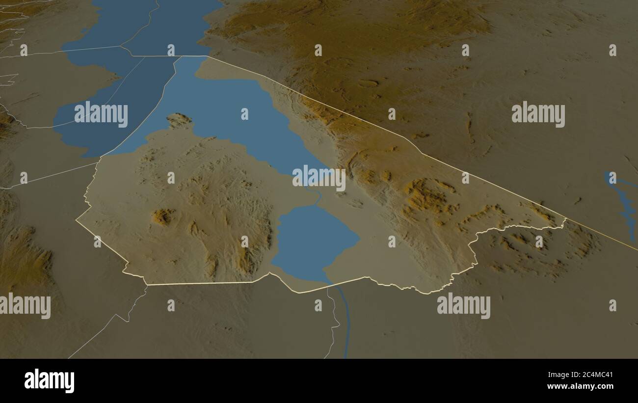 Zoom in on Mangochi (district of Malawi) outlined. Oblique perspective ...