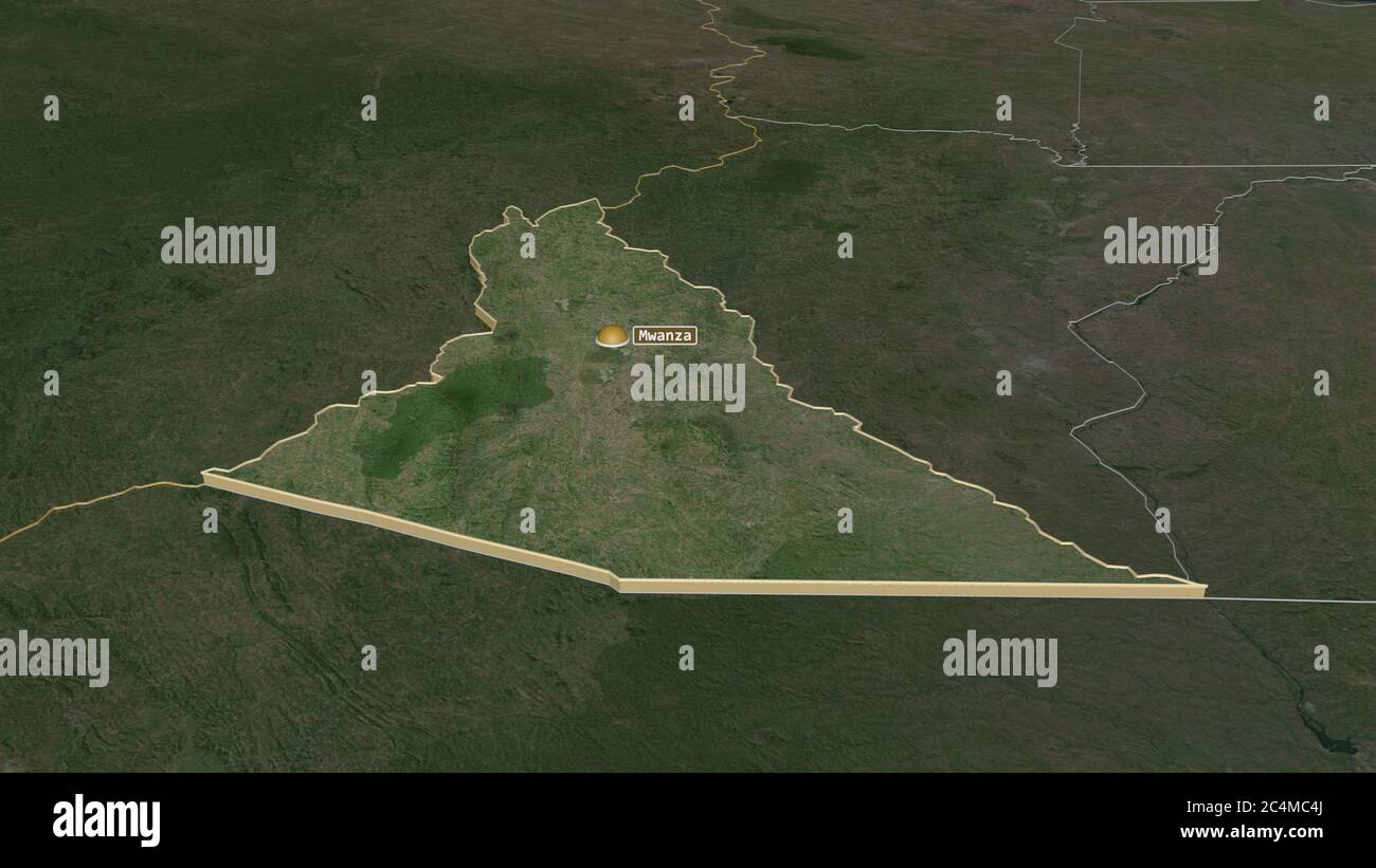 Zoom in on Mwanza (district of Malawi) extruded. Oblique perspective ...